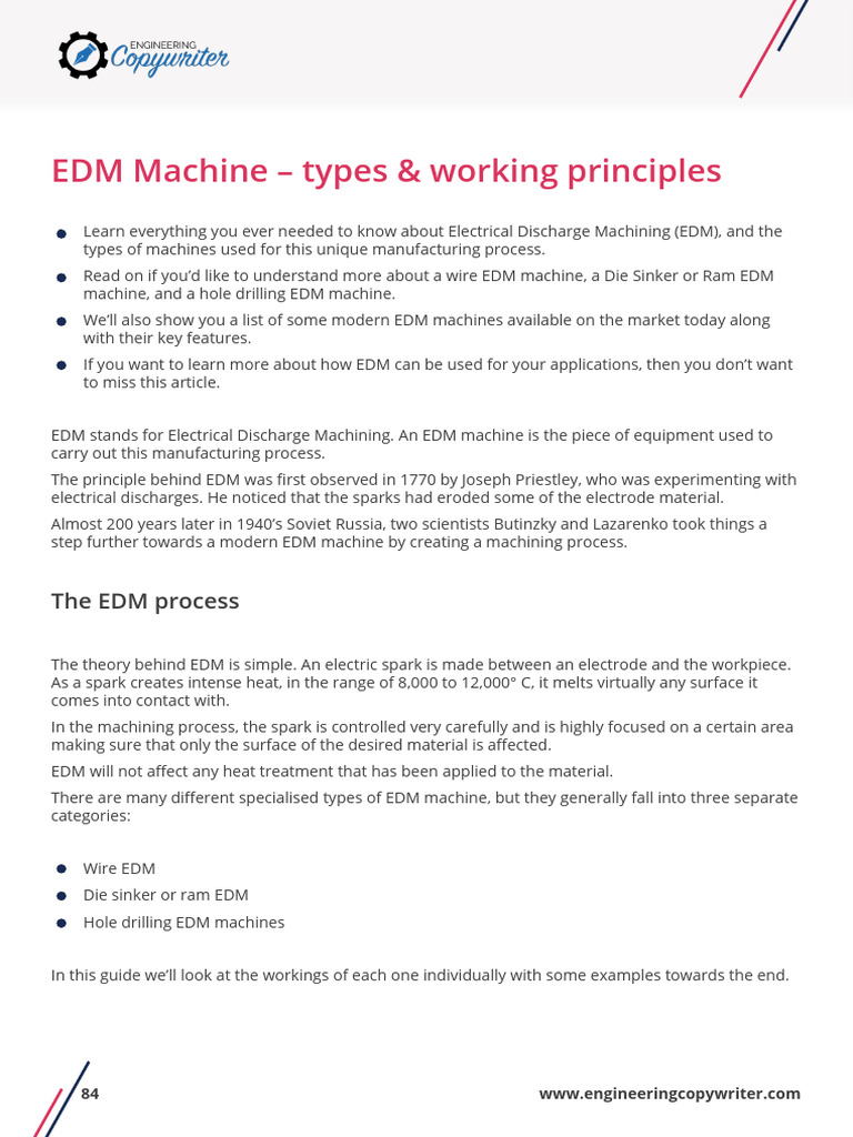EDM Machine Types and Working Principles | PDF | Industrial Processes | Metalworking