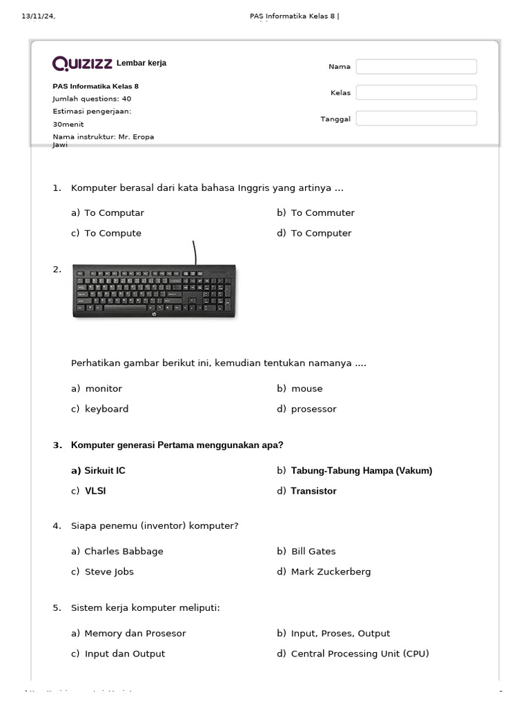 PAS Informatika Kelas 8 - Quizizz | PDF