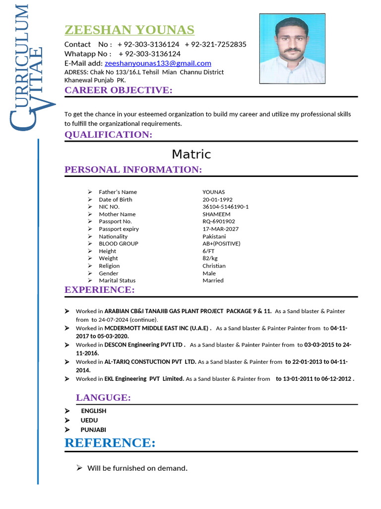 ZEESHAN YOUNAS CV Sand Blaster | PDF