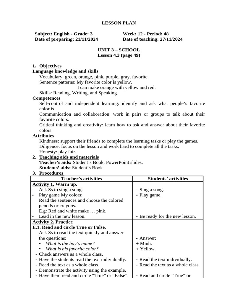 Unit 3 - Lesson 4 - Art - Page 49 Giáo Án in (English Ver) | PDF ...