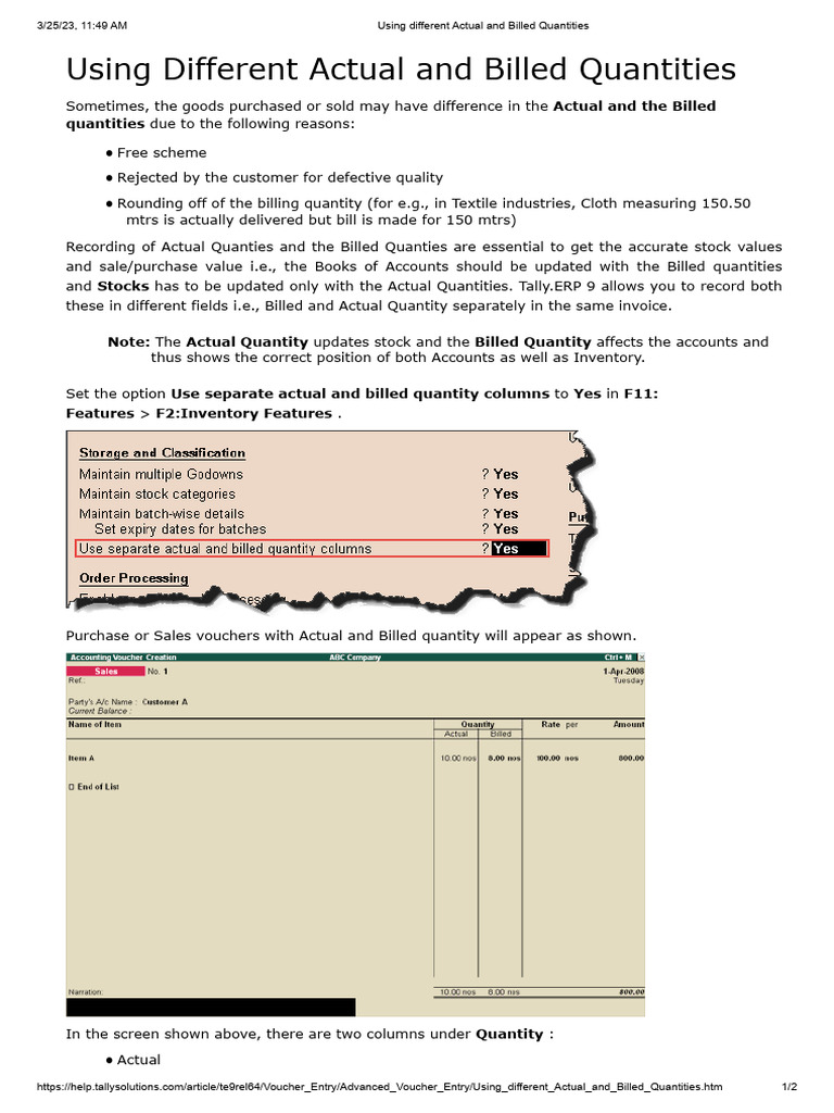 Actual vs Billed Quantities in Tally | PDF
