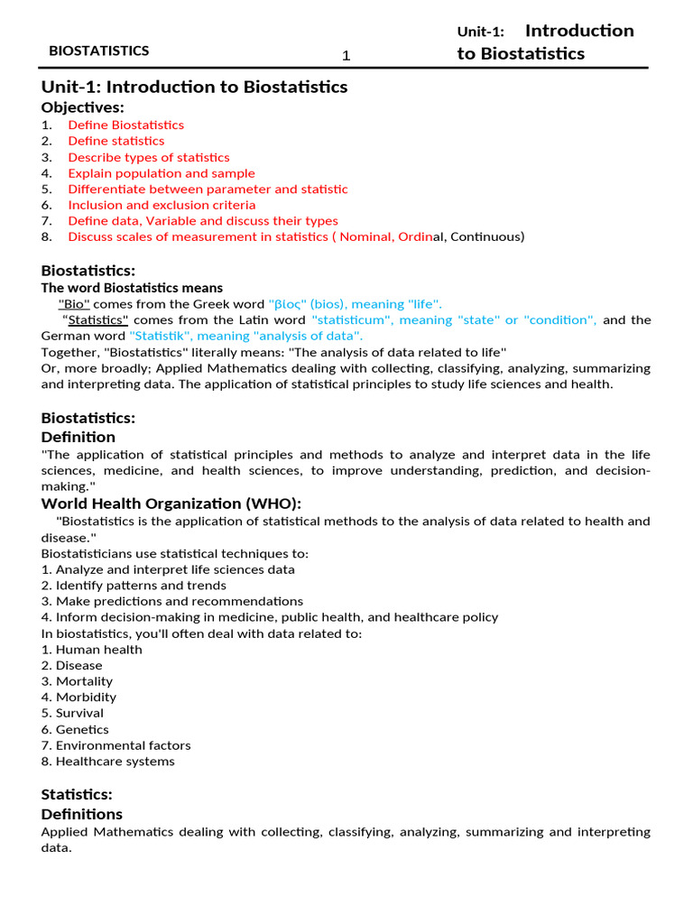 Unit-1 Biostatistics Descriptive | PDF | Statistics | Biostatistics
