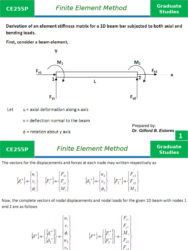 Fem - Derication of Stiffness Matrix of 1d Bar For Axial and Bending | PDF
