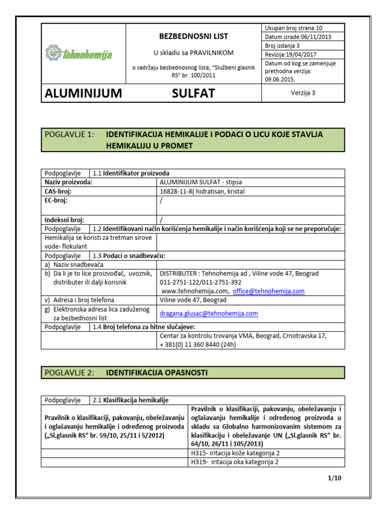 Aluminijum Sulfat - CVRST SRB | PDF