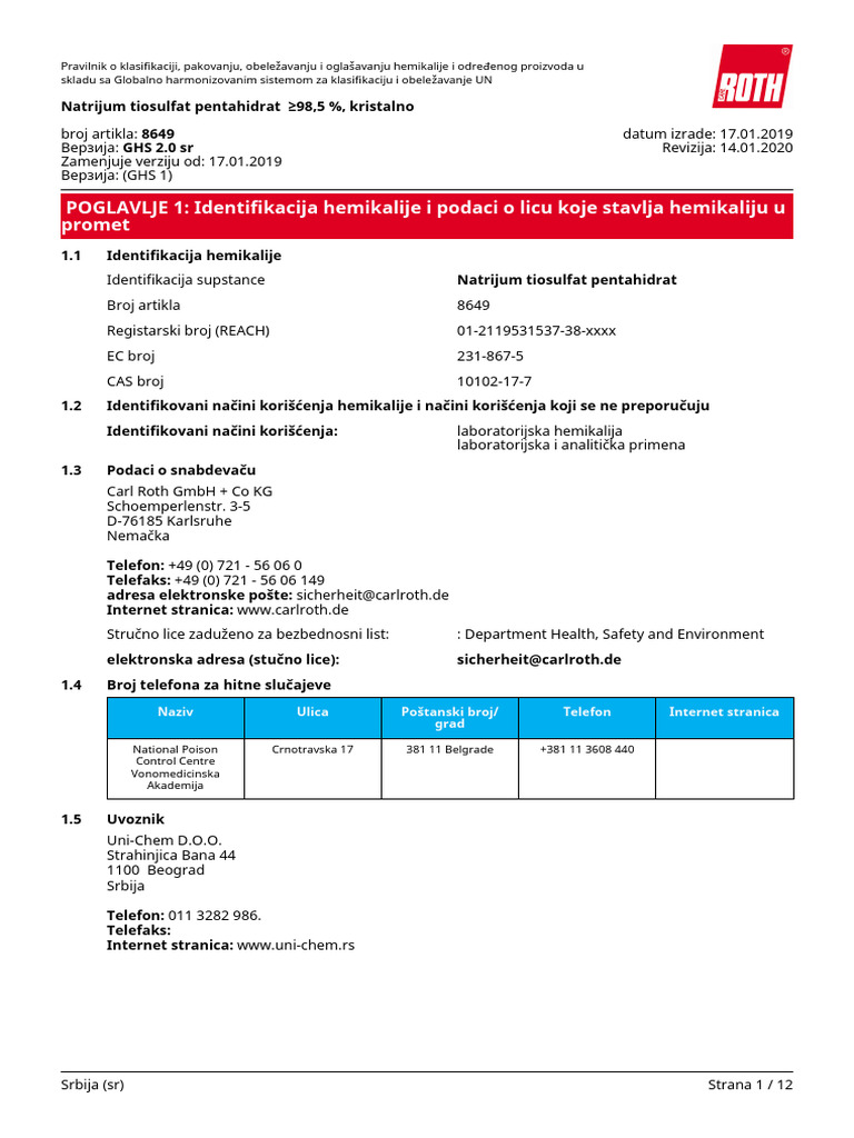 Natrijum Tiosulfat - CVRST SRB | PDF