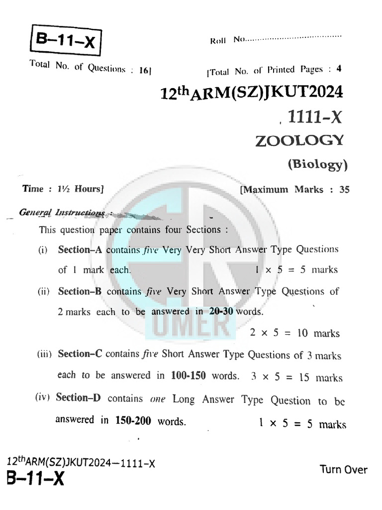 Class 12th ZOOLOGY Previous 4 Years Question Paper | PDF