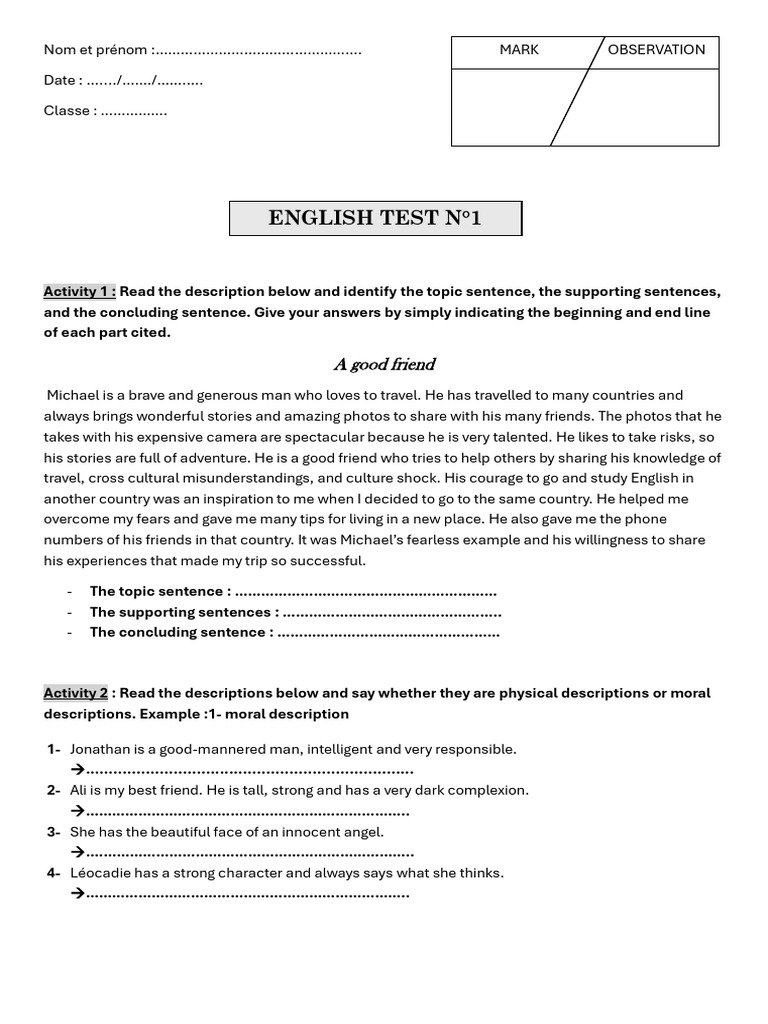 Devoir D'anglais 2nd N°1 | PDF