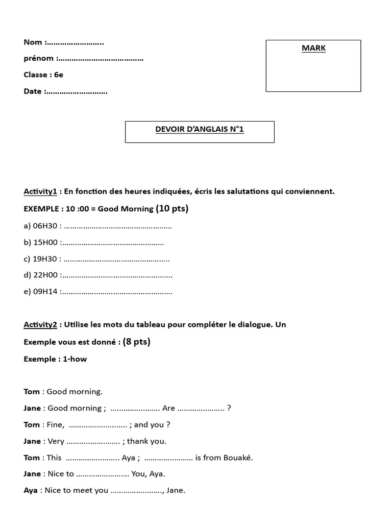 Devoir D'anglais 6e N°1 | PDF