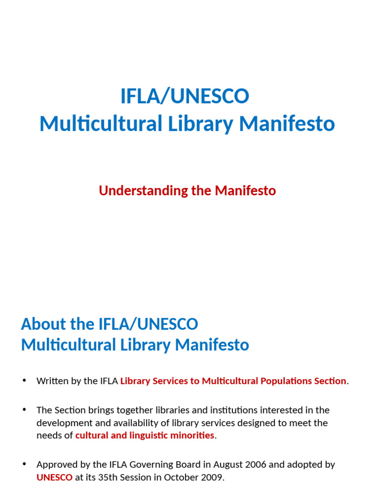 Lesson 4 IFLA UNESCO Multicultural Library Manifesto | PDF | Cultural Diversity | Libraries