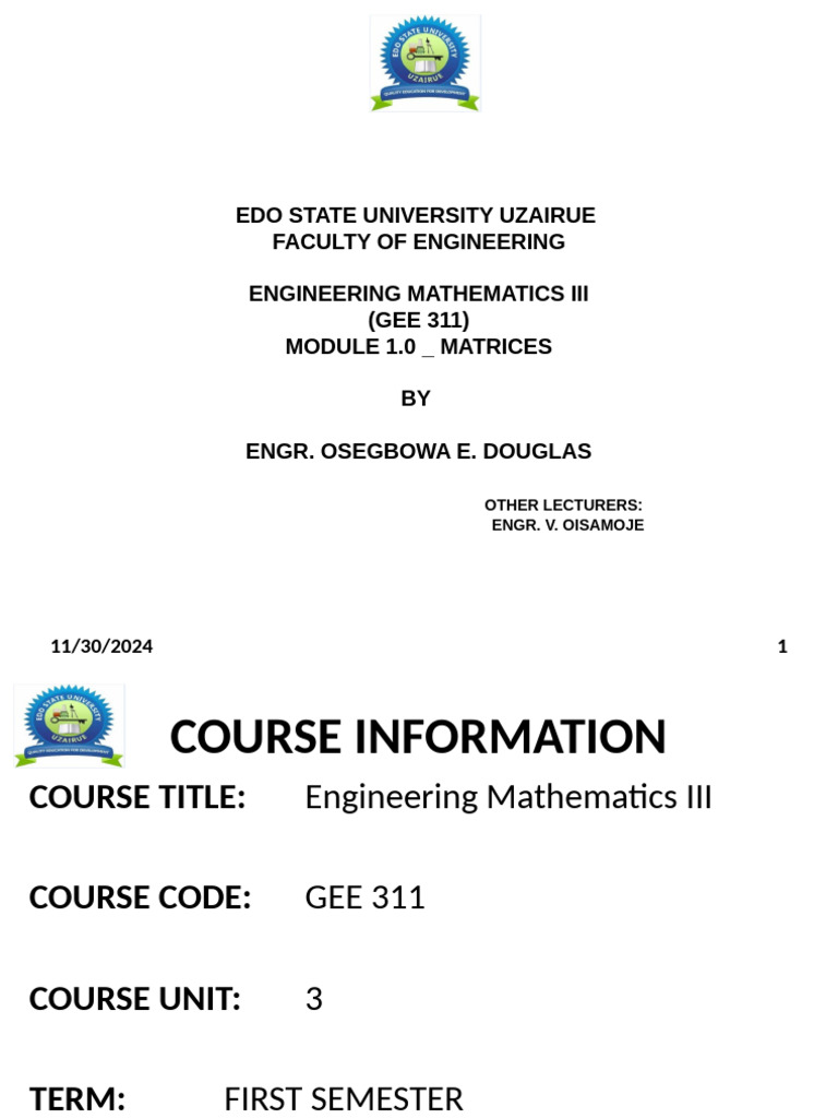 GEE 311 - Module 1.0 - Matrices - by Engr. Douglas - 2022 - 2023 | PDF | Matrix (Mathematics ...