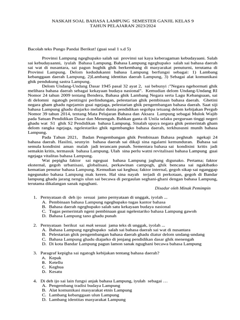 Soal Bahasa Lampung 9 Ganjil 2024-25 | PDF