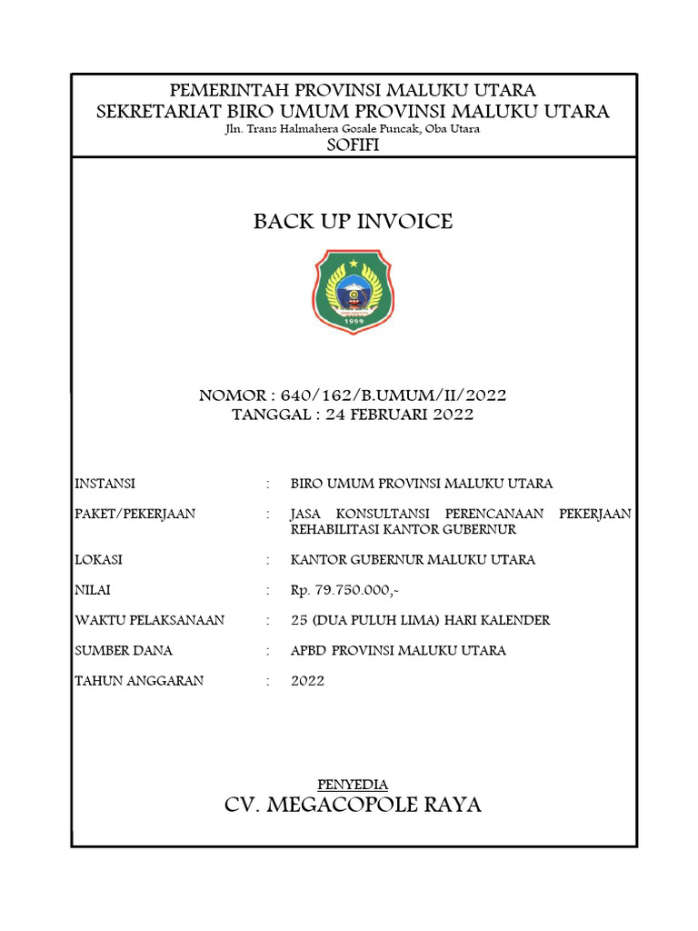 Cover Invoice Perenc. Pek. Rehabilitasi KNTR Gub | PDF
