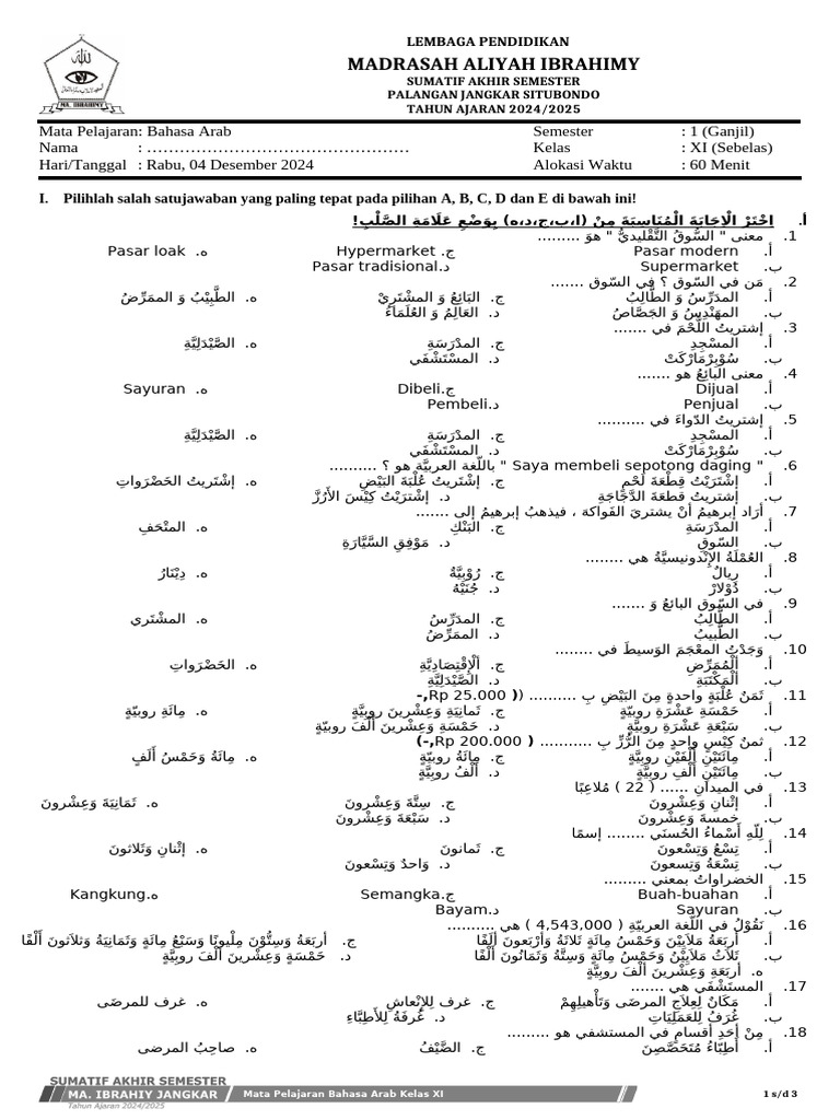 Soal Bahasa Arab Kelas 11 | PDF