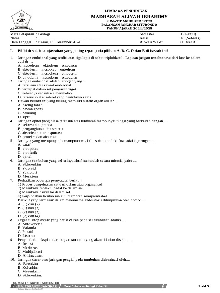 Soal Biologi Kelas 11 | PDF