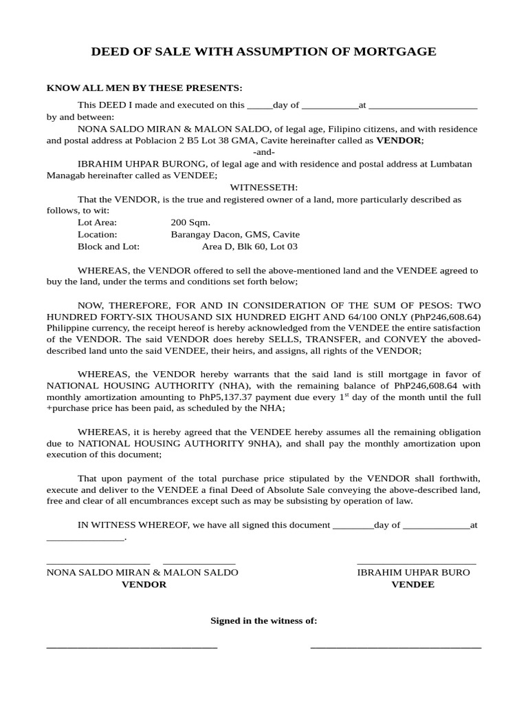 Deed of Sale with Mortgage Assumption | PDF | Business Law | Common Law