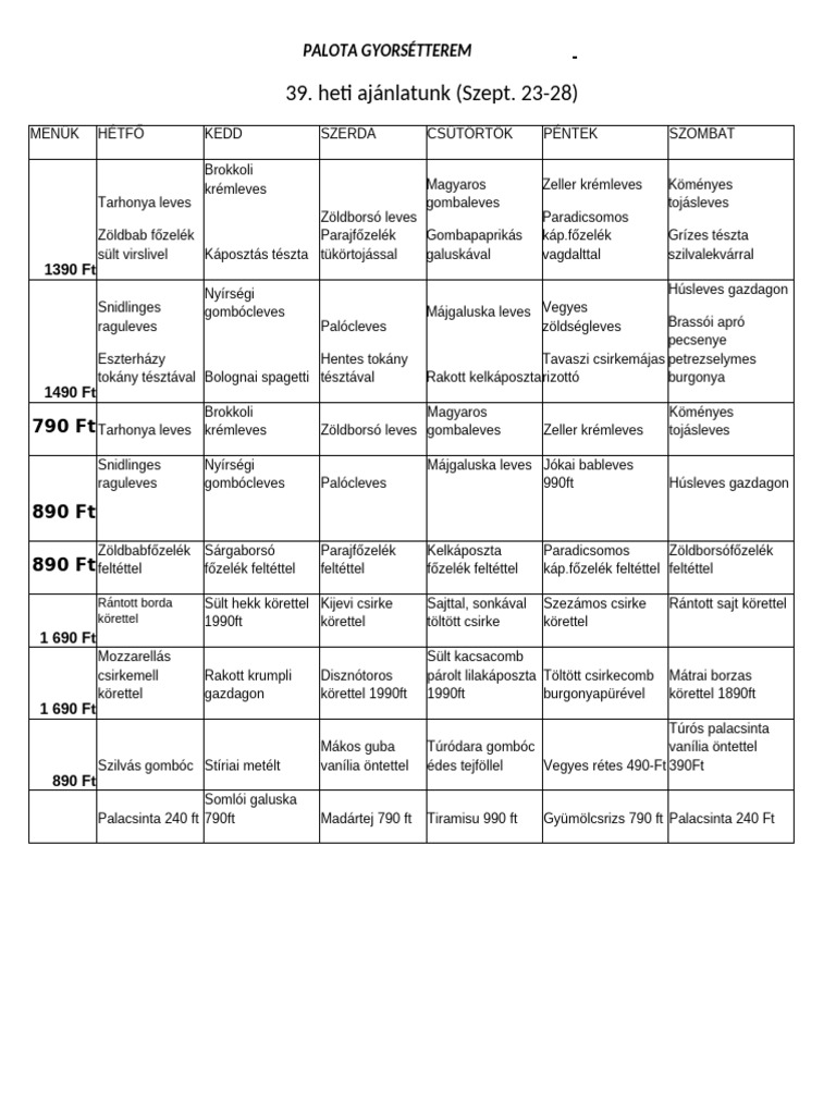 Heti Ajánlatunk (Szept. 23-28) : Palota Gyorsétterem | PDF