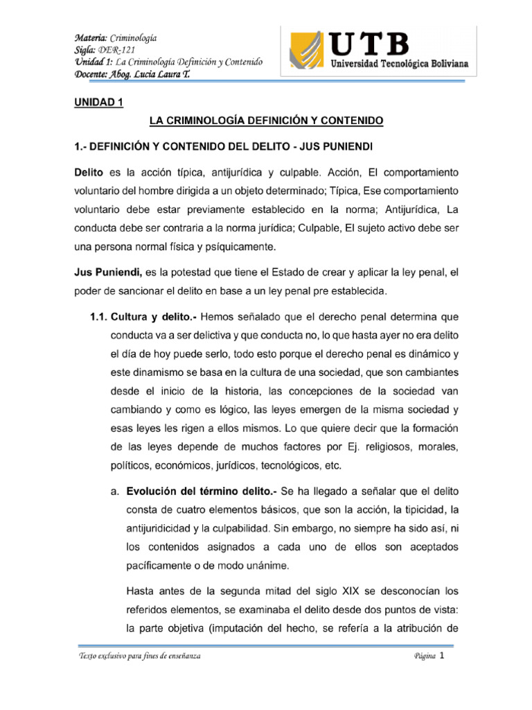 Unidad 1 La Criminologia Definicion y Contenido | PDF