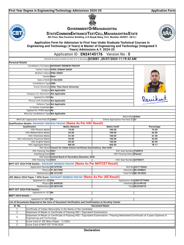 MHT Cet Application Form | PDF | Student Assessment And Evaluation ...