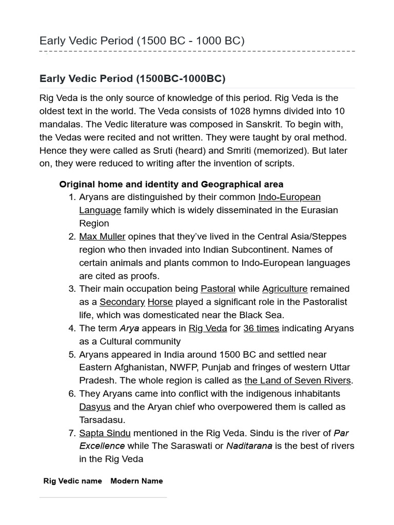 Early Vedic Period (1500 BC - 1000 BC) | PDF | Vedas
