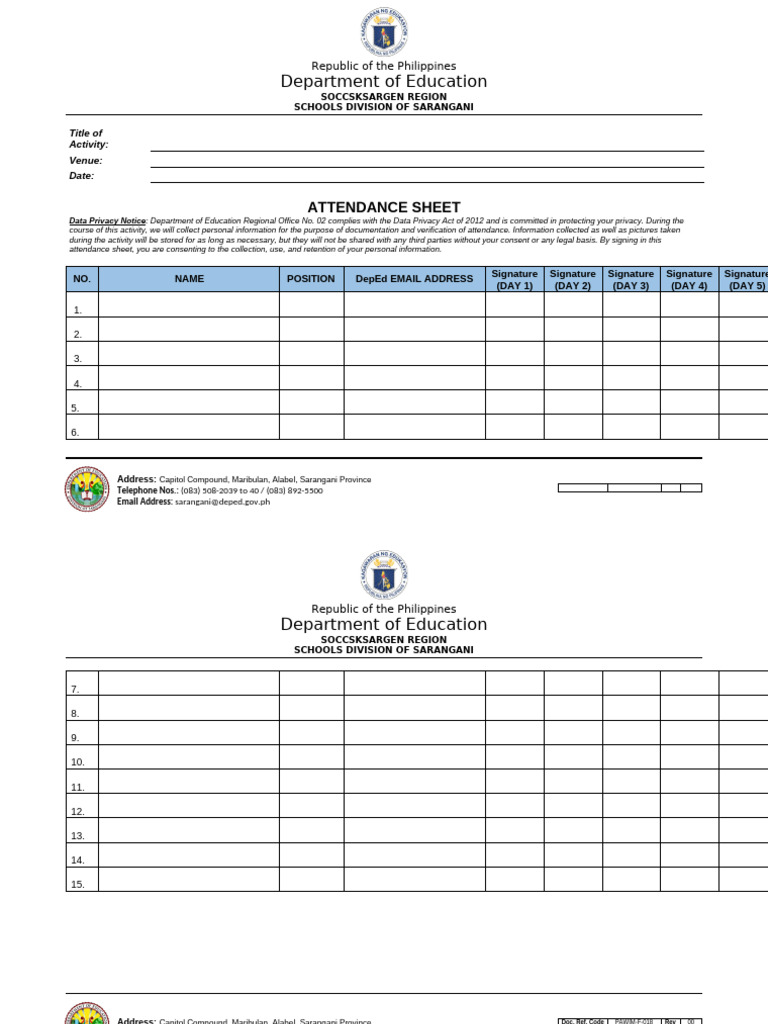 PAWIM F 018 Attendance Sheet | PDF