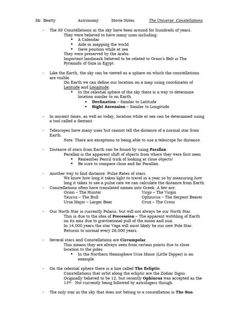 The Universe Constellations Notes | PDF | Constellation | Sky Regions