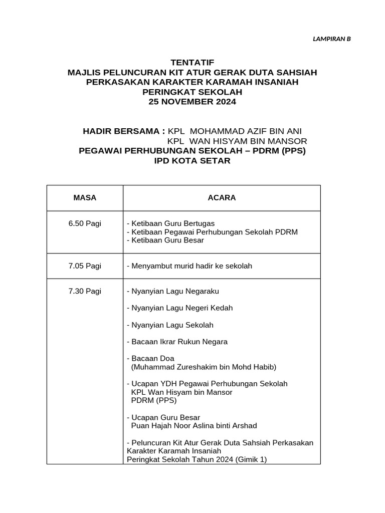 Tentatif Majlis Peluncuran Kit Atur Gerak Duta Sahsiah 2024-1 | PDF