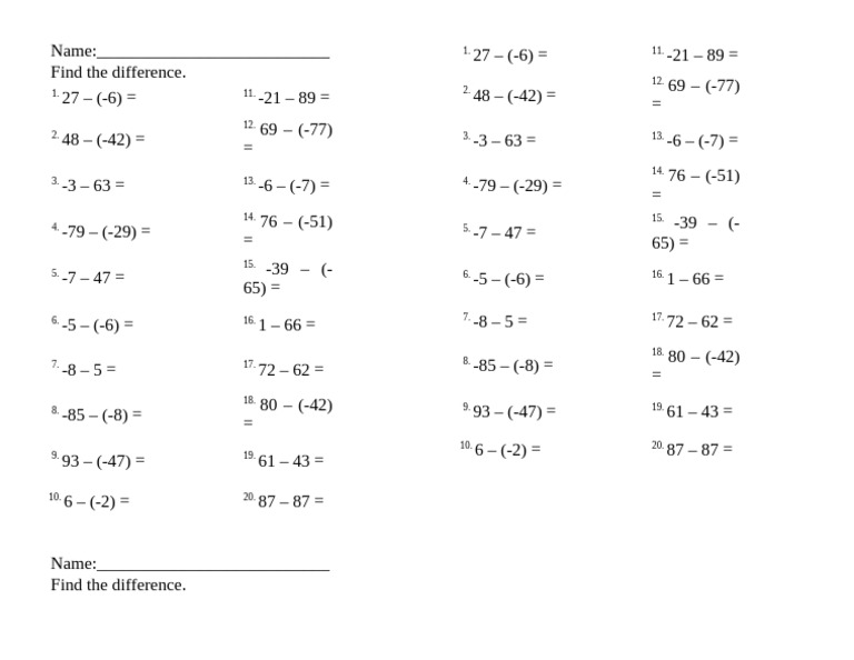 Grade 5 Integers Subtraction D | PDF