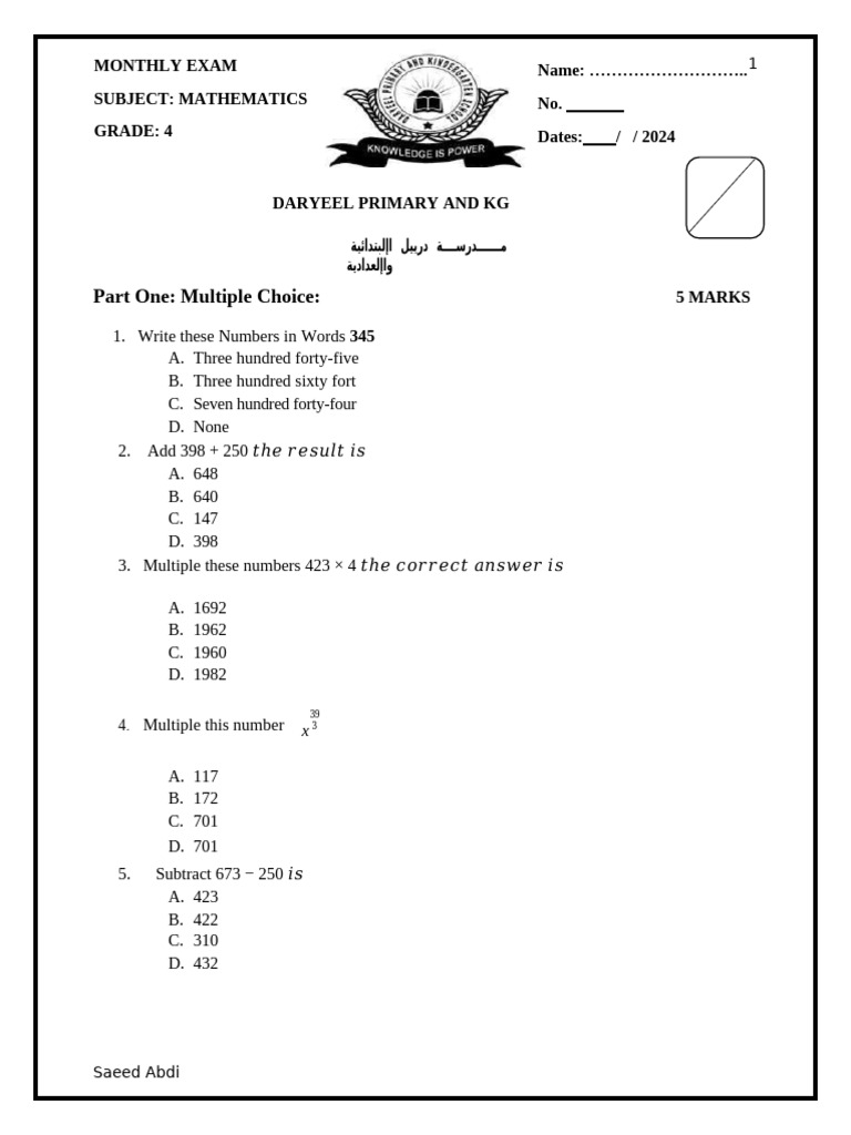 Maths Grade 4 | PDF