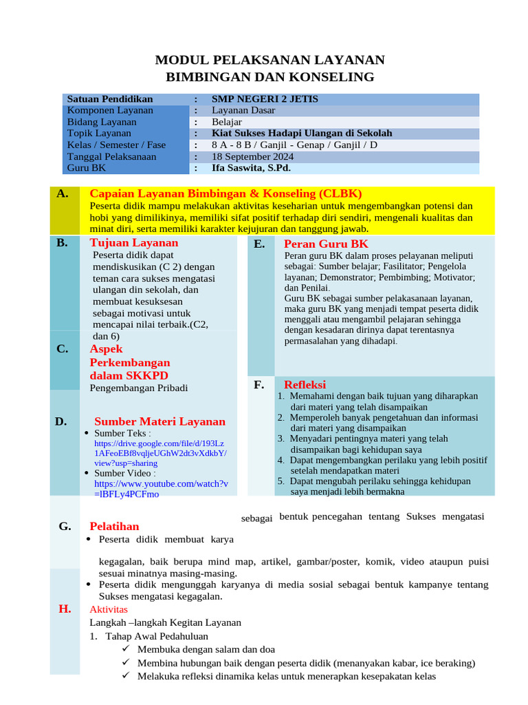Modul Pelaksanan Layanan Bimbingan Dan Konseling | PDF