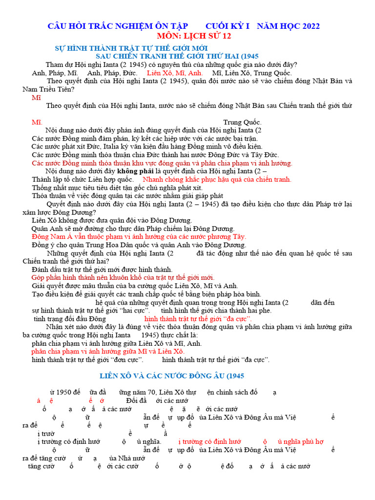 Trac Nghiem On Tap Lich Su 12 HK1 Nam 2022 2023 | PDF