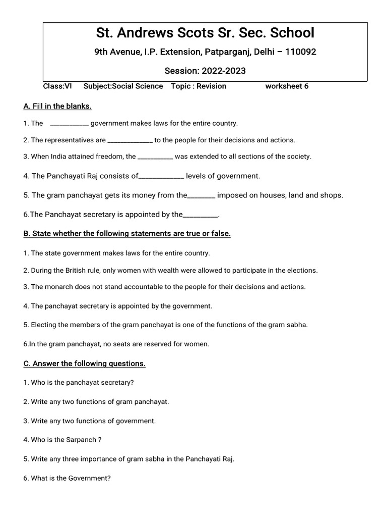 Class VI Social Science Revision Worksheet | PDF