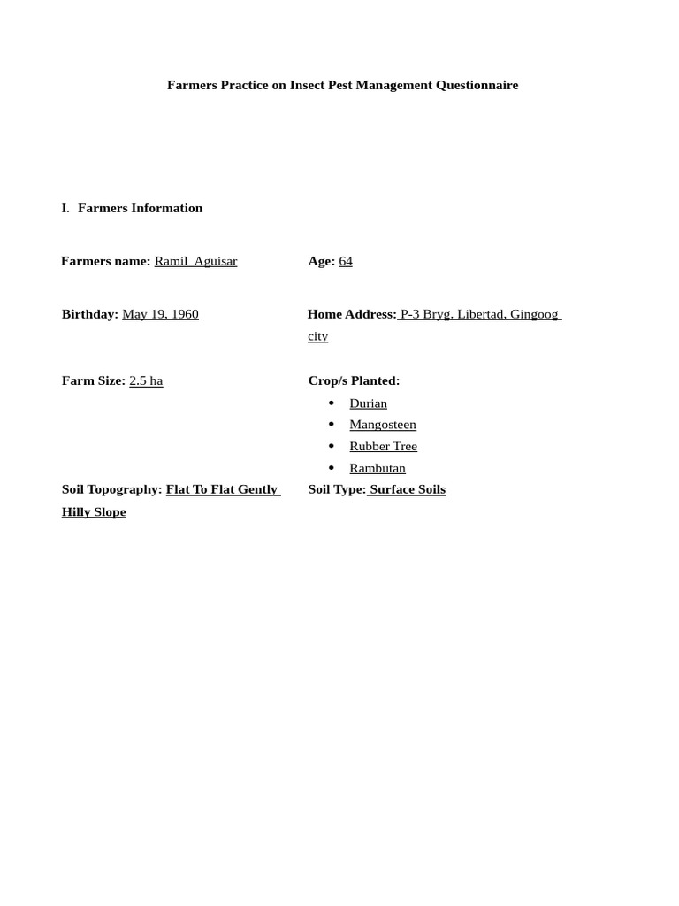 Farmers Practice On Pest Management Questionnaire | PDF | Pest ...