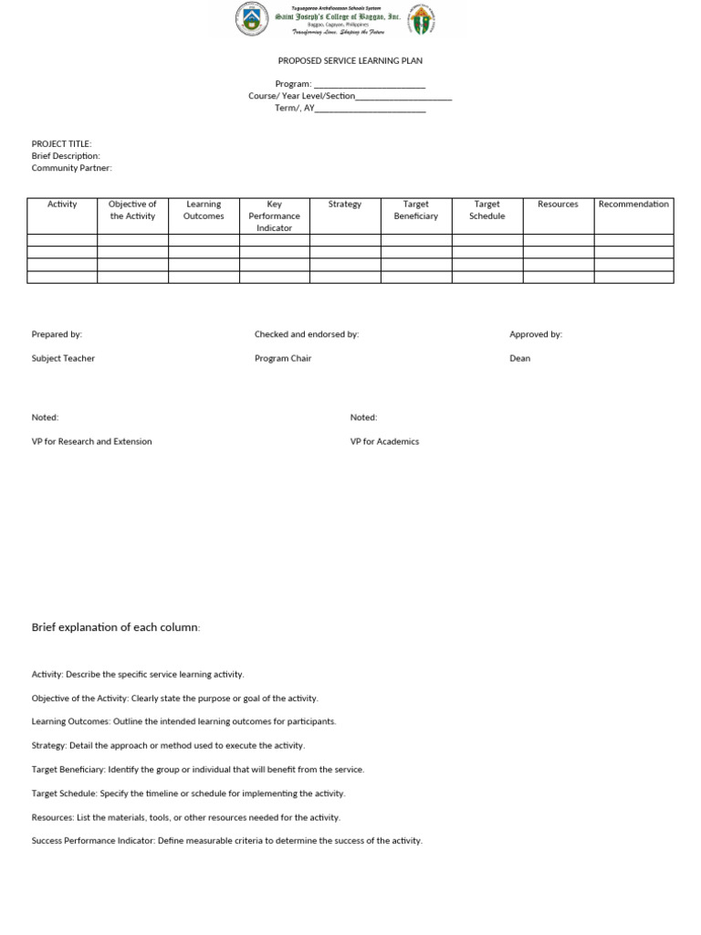 Service Learning Plan Template | PDF | Literacy | Service Learning