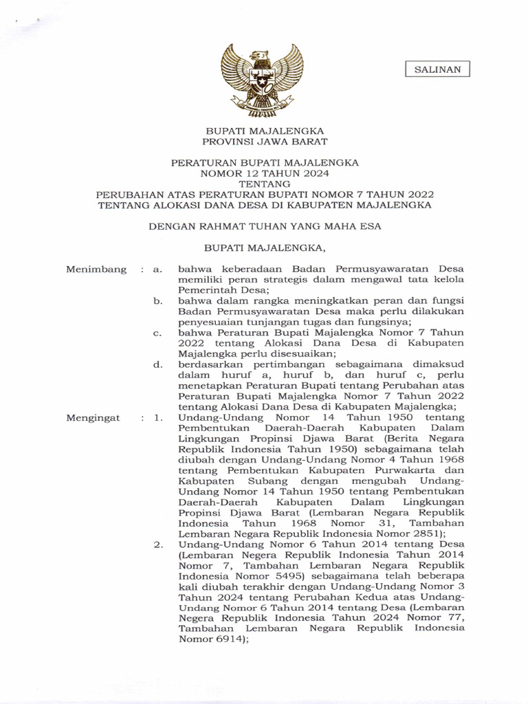 Perbup Perubahan No 12 Tahun 2024 Tentang ADD | PDF