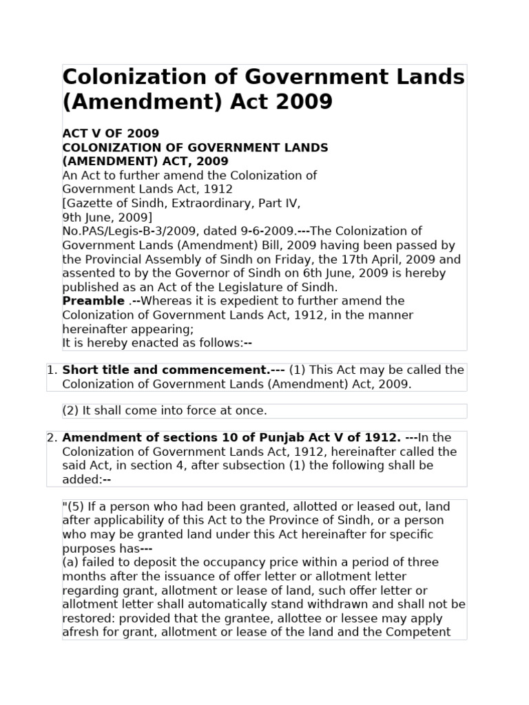 Colonization of Government Lands Act 2009 | PDF | Lease | Public Law