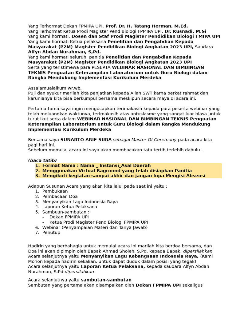 Teks MC Webinar Dan Bimbingan Teknis | PDF