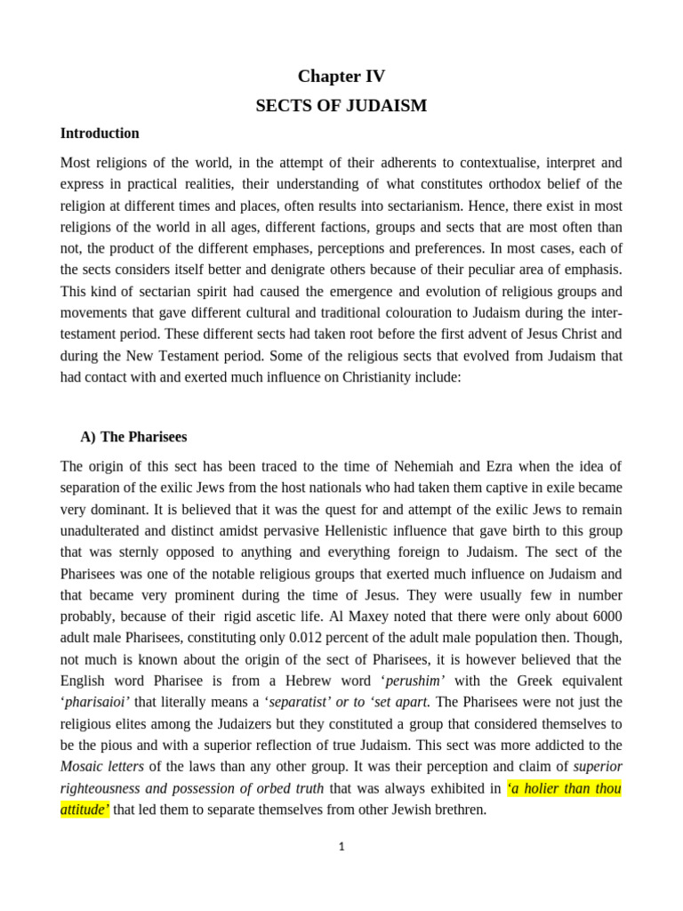 Chapter IV Sects in Judaism | PDF | Pharisees