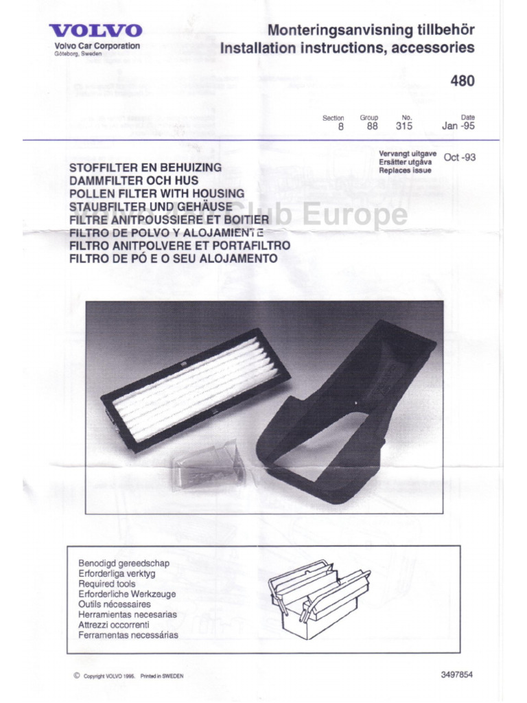Volvo 3497854 - Pollen Filter With Housing - January 1995 | PDF