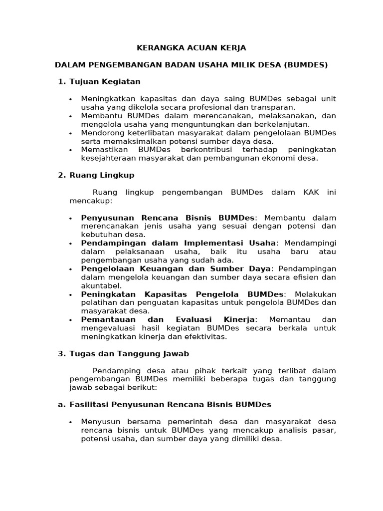 Kerangka Acuan Kerja Pengembangan BUMDes | PDF