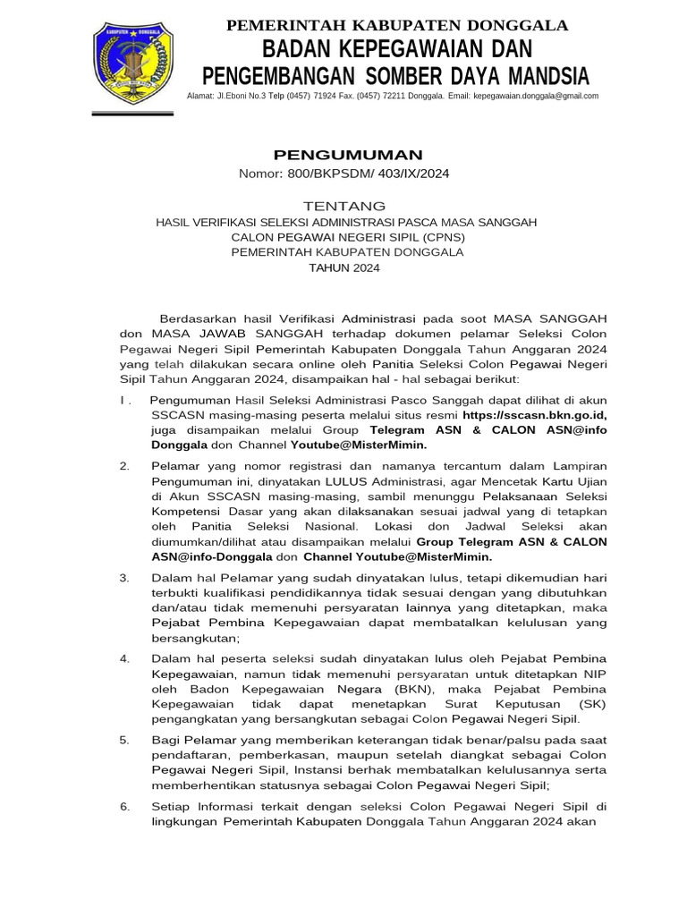 Pengumuman Hasil Seleksi Administrasi Pasca Sanggah CPNS 2024 | PDF