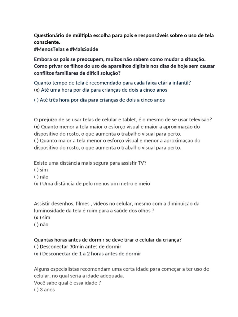 Questionário de Múltipla Escolha para Pais e Responsáveis Sobre o Uso ...