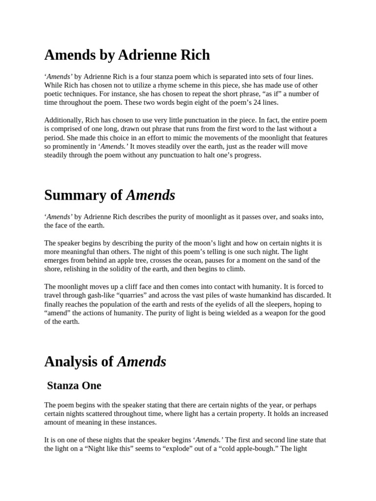 Amends by Adrienne Rich | PDF | Poetry
