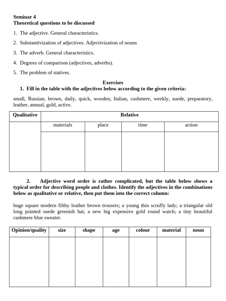 Seminar 4 The Adjective. The Adverb. | PDF | Adjective | Syntax