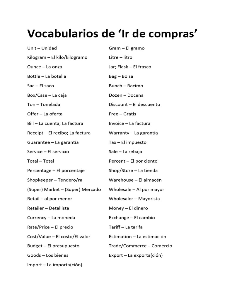 Vocabulario Esencial para Ir de Compras | PDF | Alimentos
