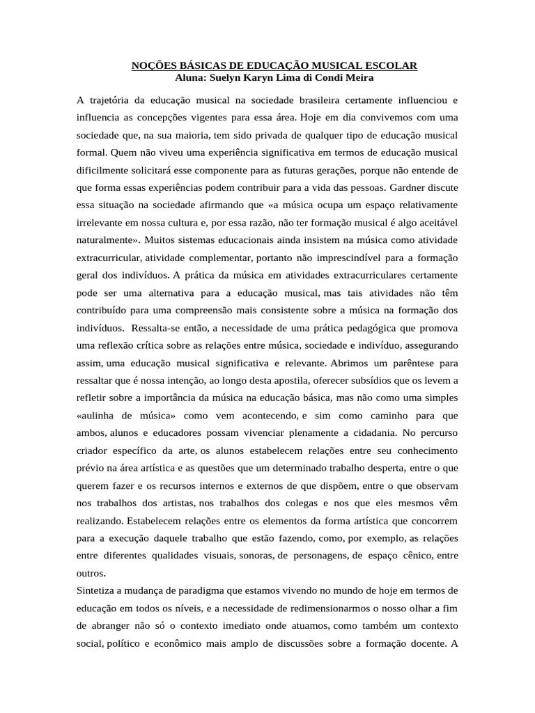 Noções Básicas de Educação Musical Escolar | PDF | Educação Musical ...