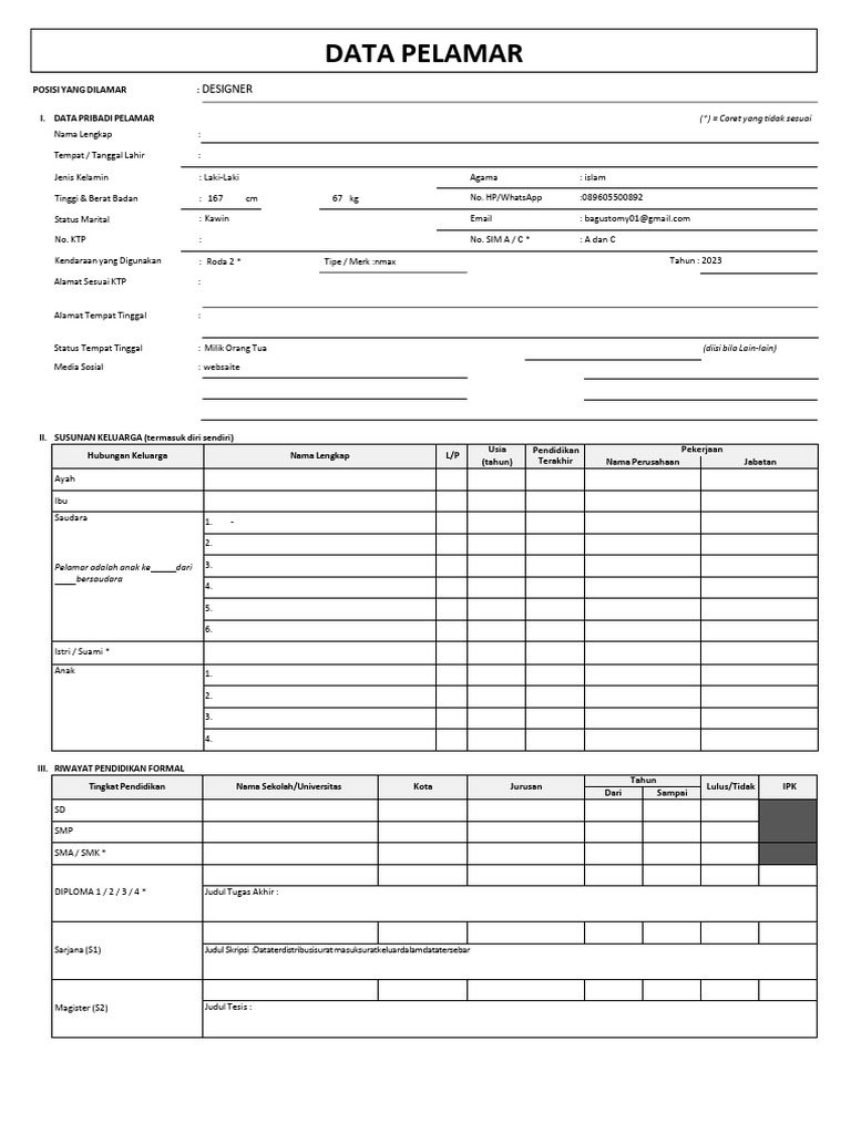 FORM-SPS-HRD-002-02 Data Pelamar Bagus Tomy | PDF