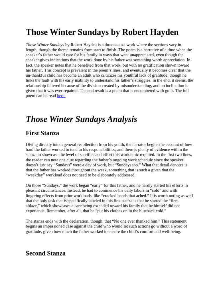Those Winter Sundays by Robert Hayde1 | PDF | Anger