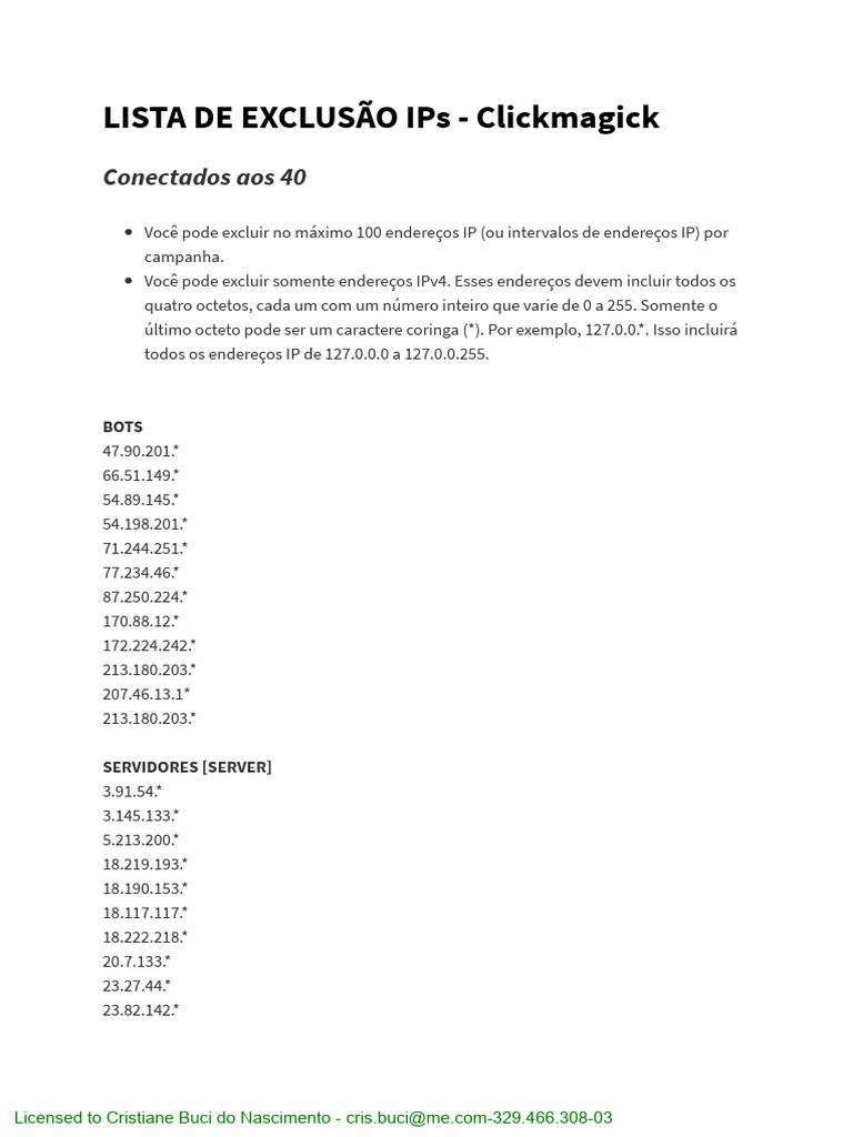 LISTA DE EXCLUSÃO IPs - Clickmagick | PDF | Endereço de IP | Redes de ...