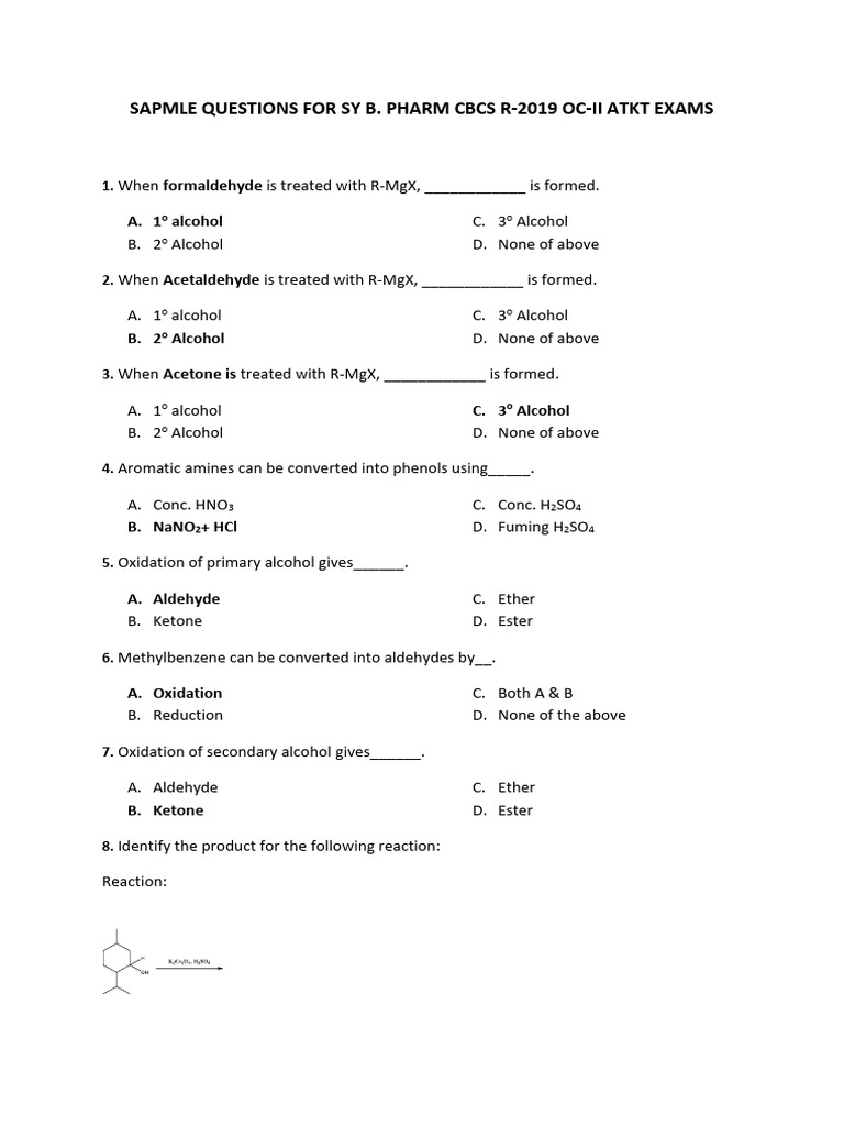 Sample Questions For S.Y.B.Pharm Sem III CBCS R 2019 OC II ATKT Exams | PDF | Aldehyde | Alkene