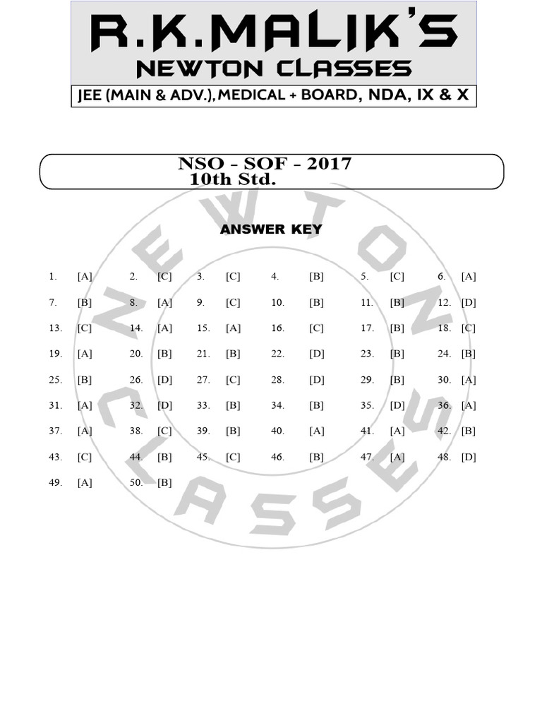 Final NSO-SOF-2017 (10th STD.) Answer Key | PDF